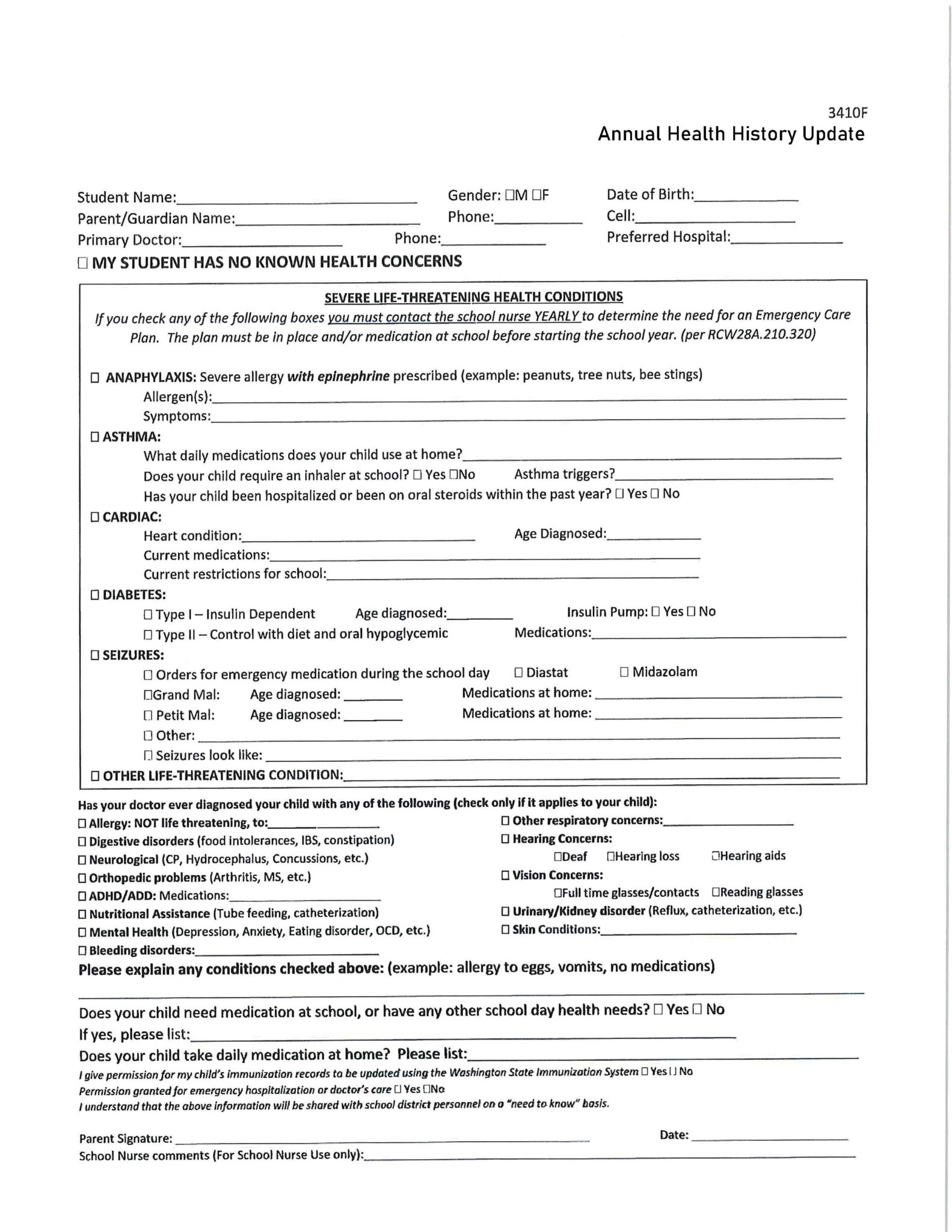 Parents: Please Complete Annual Health History Update – Lake Chelan ...